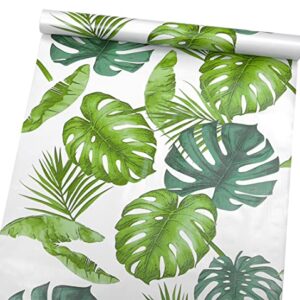 Self Adhesive Green Palm Leaf Shelf Liner Contact Paper Decorative Peel and Stick Tropical Wallpaper Cabinets Dresser Drawer Table Walls Furniture Sticker 17.5X117 Inches