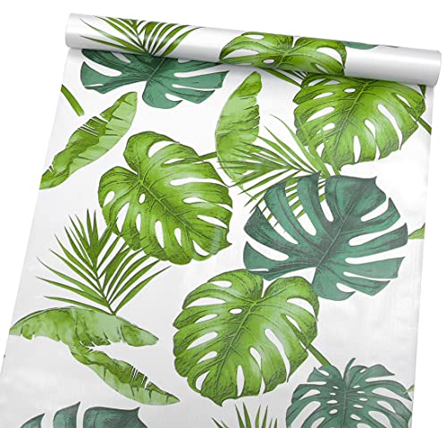 Self Adhesive Green Palm Leaf Shelf Liner Contact Paper Decorative Peel and Stick Tropical Wallpaper Cabinets Dresser Drawer Table Walls Furniture Sticker 17.5X117 Inches