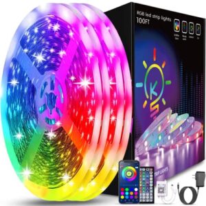 keepsmile 100ft led strip lights (2 rolls of 50ft) bluetooth smart app music sync color changing rgb led light strip with remote and power adapter,led lights for bedroom room home decor party festival