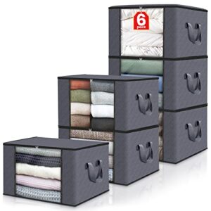 fab totes 6 pack clothes storage, foldable blanket storage bags, storage containers for organizing bedroom, closet, clothing, comforter, organization and storage with lids and handle, grey