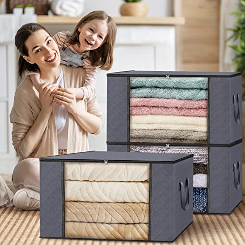 Fab totes 6 Pack Clothes Storage, Foldable Blanket Storage Bags, Storage Containers for Organizing Bedroom, Closet, Clothing, Comforter, Organization and Storage with Lids and Handle, Grey