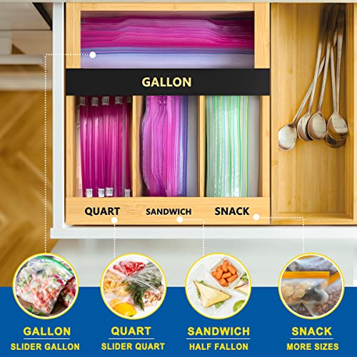 Bamboo Ziplock Bag Storage Organizer for Drawer Baggie Organizer dispenser Compatible with Slider Quart,Gallon, Solimo, Glad, Hefty for Gallon, Sandwich and Snack Variety Size Bag