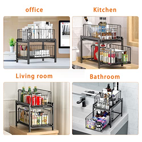 DeaGenlte Under Sink Organizer, 2 Tier Sliding Basket Drawer Organizer, Pull Out Cabinets Organizer Shelf, Black Iron Stackable Basket Organizer Drawer for Kitchen, Bathroom, Office - Black