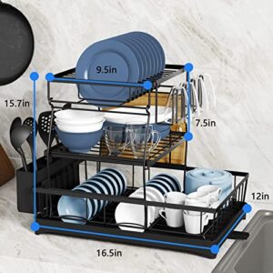 Dealight Kitchen Dish Drying Rack, 3-Tier Dish Rack and Drainboard Set with Spout, Dish Racks for Kitchen Counter, Dish Drainer with Utensils Holder and Cups Holder, Large Drying Rack Kitchen