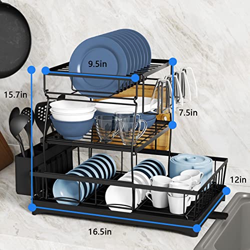 Dealight Kitchen Dish Drying Rack, 3-Tier Dish Rack and Drainboard Set with Spout, Dish Racks for Kitchen Counter, Dish Drainer with Utensils Holder and Cups Holder, Large Drying Rack Kitchen