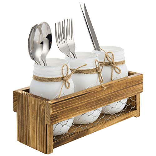 MyGift Vintage White Painted Mason Jars Silverware Holder for Party with Burnt Wood Tray and Chicken Wire Design, 4-Piece Set