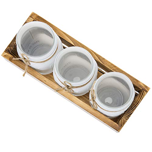 MyGift Vintage White Painted Mason Jars Silverware Holder for Party with Burnt Wood Tray and Chicken Wire Design, 4-Piece Set