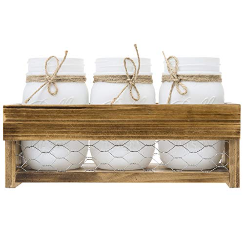 MyGift Vintage White Painted Mason Jars Silverware Holder for Party with Burnt Wood Tray and Chicken Wire Design, 4-Piece Set