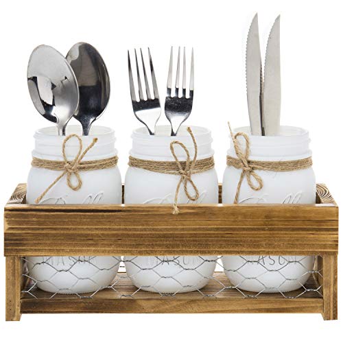 MyGift Vintage White Painted Mason Jars Silverware Holder for Party with Burnt Wood Tray and Chicken Wire Design, 4-Piece Set