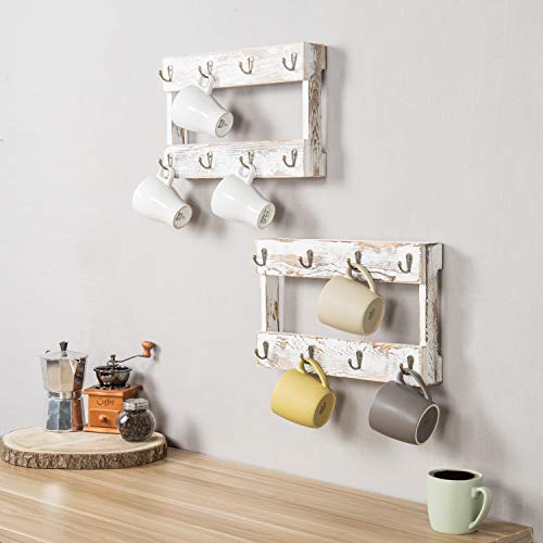 MyGift Wall Mounted Whitewashed Wood Coffee Mug Holder Rack with 8 Hooks, Coffee Bar Accessories Wall Decor, Tea Cup Hanging Rack, Set of 2