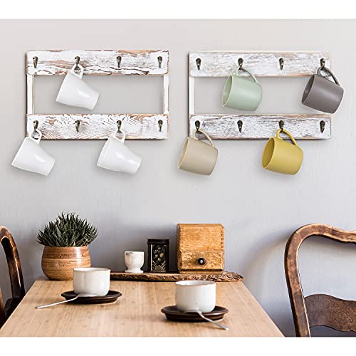 MyGift Wall Mounted Whitewashed Wood Coffee Mug Holder Rack with 8 Hooks, Coffee Bar Accessories Wall Decor, Tea Cup Hanging Rack, Set of 2