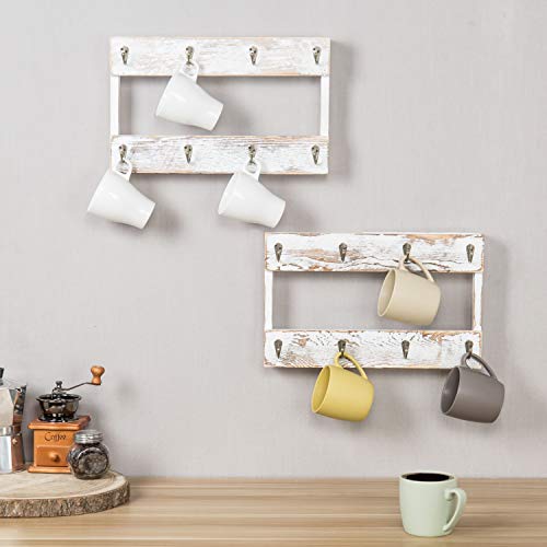 MyGift Wall Mounted Whitewashed Wood Coffee Mug Holder Rack with 8 Hooks, Coffee Bar Accessories Wall Decor, Tea Cup Hanging Rack, Set of 2