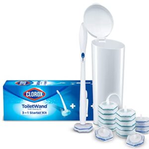 clorox toiletwand disposable toilet cleaning kit, toilet brush, toilet and bathroom cleaning system with storage caddy and 16 disinfecting toiletwand refill heads (package may vary)