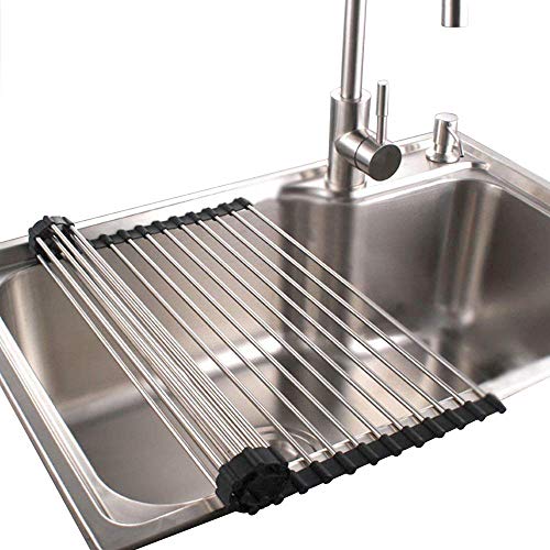 Dish Rack Sponge Holder Stainless Steel RV Roll up Shelf Over Sink Drainer for Recreational Vehicle Large (17.2x15.7x0.7) inch