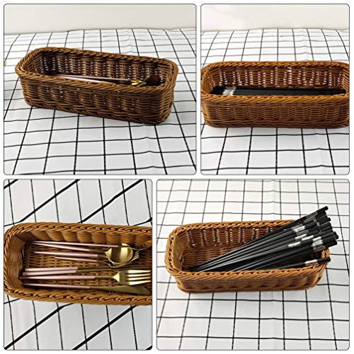 Cabilock Imitation Rattan Woven Flatware Basket Chopsticks Fork Storage Tray Kitchen Cutlery and Utensil Organizer Silverware Countertop Storage Container