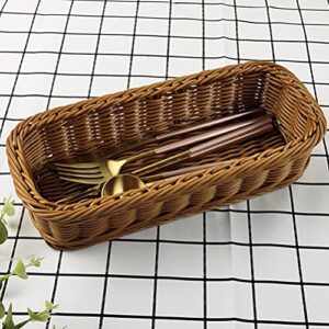 Cabilock Imitation Rattan Woven Flatware Basket Chopsticks Fork Storage Tray Kitchen Cutlery and Utensil Organizer Silverware Countertop Storage Container