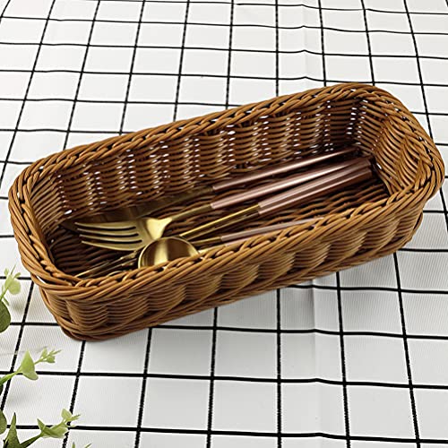 Cabilock Imitation Rattan Woven Flatware Basket Chopsticks Fork Storage Tray Kitchen Cutlery and Utensil Organizer Silverware Countertop Storage Container