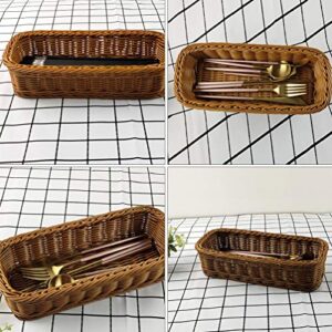 Cabilock Imitation Rattan Woven Flatware Basket Chopsticks Fork Storage Tray Kitchen Cutlery and Utensil Organizer Silverware Countertop Storage Container