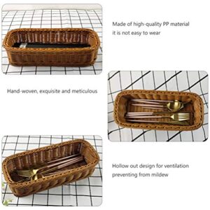 Cabilock Imitation Rattan Woven Flatware Basket Chopsticks Fork Storage Tray Kitchen Cutlery and Utensil Organizer Silverware Countertop Storage Container