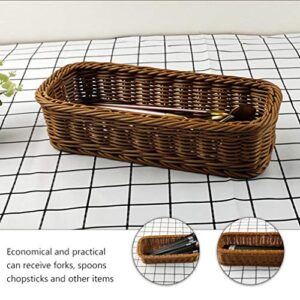 Cabilock Imitation Rattan Woven Flatware Basket Chopsticks Fork Storage Tray Kitchen Cutlery and Utensil Organizer Silverware Countertop Storage Container