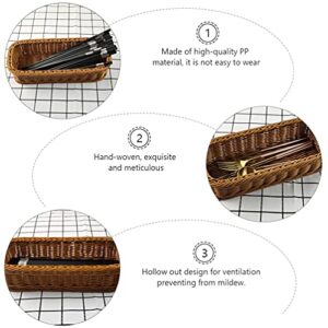 Cabilock Imitation Rattan Woven Flatware Basket Chopsticks Fork Storage Tray Kitchen Cutlery and Utensil Organizer Silverware Countertop Storage Container