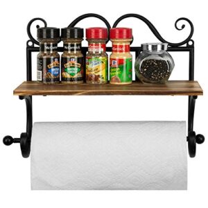 mygift wall mounted black metal kitchen paper towel holder and burnt solid wood storage display shelf spice rack with vintage scrollwork design