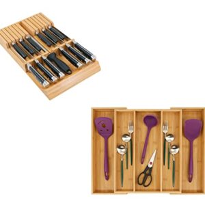 Utoplike In-drawer Knife Block Bamboo Kitchen 12 Knifes Drawer Organizer and Flatware Expandable Kitchen Drawer Organizer Set