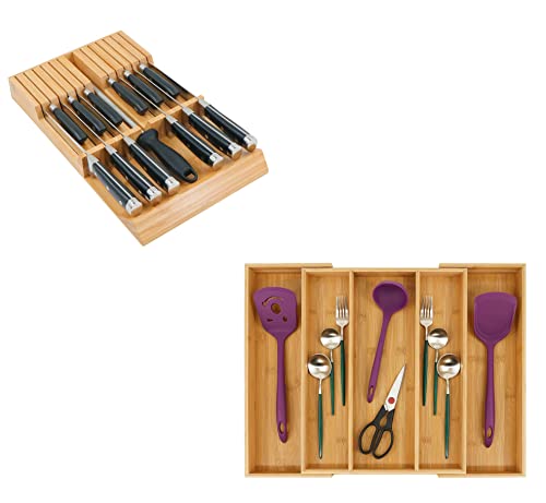 Utoplike In-drawer Knife Block Bamboo Kitchen 12 Knifes Drawer Organizer and Flatware Expandable Kitchen Drawer Organizer Set