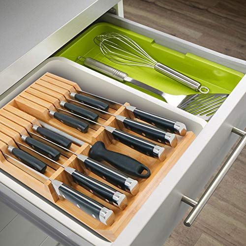 Utoplike In-drawer Knife Block Bamboo Kitchen 12 Knifes Drawer Organizer and Flatware Expandable Kitchen Drawer Organizer Set