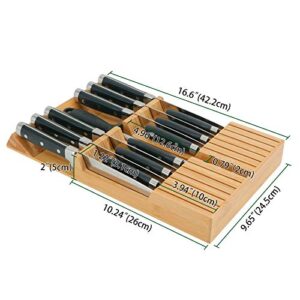 Utoplike In-drawer Knife Block Bamboo Kitchen 12 Knifes Drawer Organizer and Flatware Expandable Kitchen Drawer Organizer Set