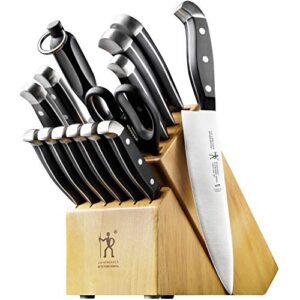 henckels premium quality 15-piece knife set with block, razor-sharp, german engineered knife informed by over 100 years of masterful knife making, lightweight and strong, dishwasher safe