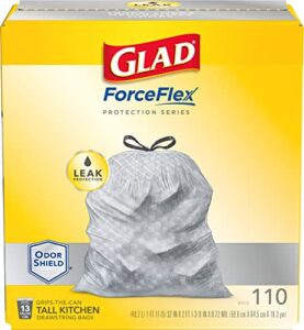 glad forceflex tall kitchen drawstring trash bags, 13 gallon grey trash bag for kitchen trash can, odor shield, odor eliminator and leak protection, 110 count