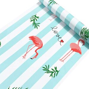 hoyoyo vinyl wallpaper flamingos palm leaf wallpaper blue white stripe decorative self adhesive liner removable wall decoration for bookshelf closet living room bedroom dormitory office 17.7”x118”