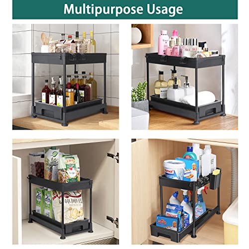 Under Sink Organizer and Storage, 2 Tier Under Cabinet Storage Pull Out Under Sink Shelf, Sliding Under Counter Organizer for Kitchen Bathroom Organization with Storage Basket and Hooks