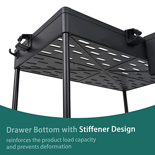 Under Sink Organizer and Storage, 2 Tier Under Cabinet Storage Pull Out Under Sink Shelf, Sliding Under Counter Organizer for Kitchen Bathroom Organization with Storage Basket and Hooks