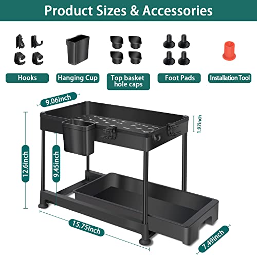 Under Sink Organizer and Storage, 2 Tier Under Cabinet Storage Pull Out Under Sink Shelf, Sliding Under Counter Organizer for Kitchen Bathroom Organization with Storage Basket and Hooks