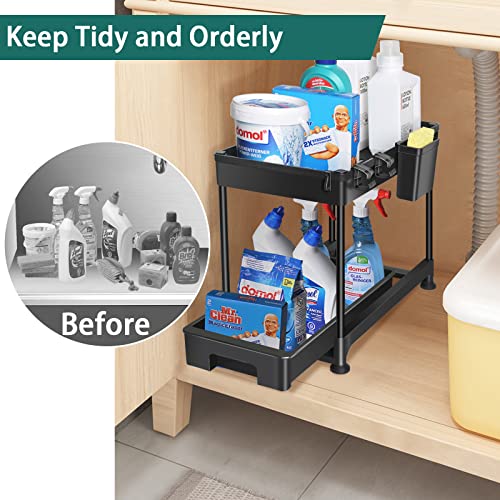 Under Sink Organizer and Storage, 2 Tier Under Cabinet Storage Pull Out Under Sink Shelf, Sliding Under Counter Organizer for Kitchen Bathroom Organization with Storage Basket and Hooks