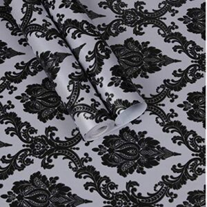 Black Damask Contact Paper Self Adhesive Shelf Liner Cabinets Drawer Wall Sticker Peel and Stick Wallpaper for Bathroom Bedroom 17.7" x 196"