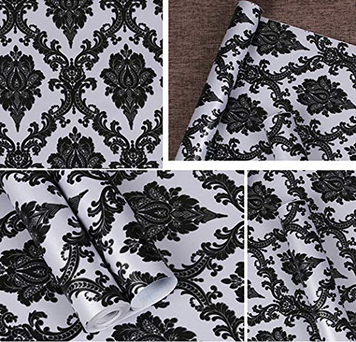 Black Damask Contact Paper Self Adhesive Shelf Liner Cabinets Drawer Wall Sticker Peel and Stick Wallpaper for Bathroom Bedroom 17.7" x 196"