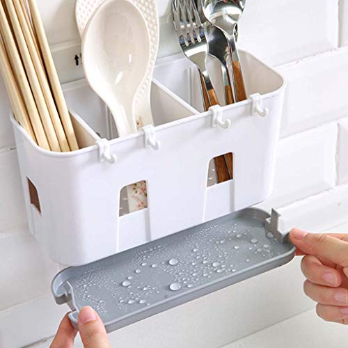 ZHIZHOU Kitchen Storage Shelf 1 Piece Wall Mounted Cutlery Drainer Rack with Drip Tray Utensils Organizer Spoon Fork Chopsticks Holder Caddy Kitchen Gadget Storage Grey