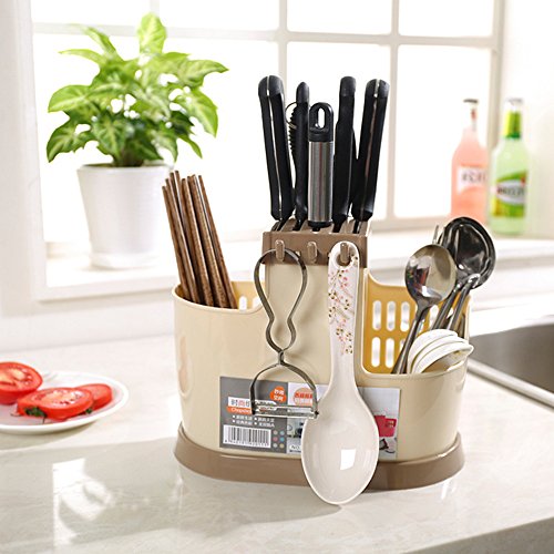 Pixco Home Use Kitchen Tool Knife Spoon Chopsticks Fork Multifunction Storage Box Rack Cutlery Holder Plastic for Kitchen Countertop/Dining Table Storage (Khaki)