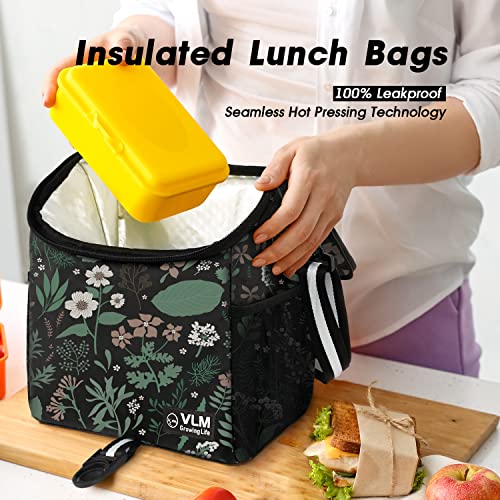 VLM Lunch Bags for Women,Leakproof Insulated Floral Lunch Box with Adjustable Shoulder Strap Reusable Zipper Cooler Tote Bag for Work,Picnic,Camping