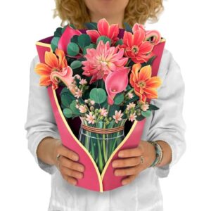 freshcut paper pop up cards, dear dahlia, 12 inch life sized forever flower bouquet 3d popup greeting cards with note card and envelope – dahlia & cala lily flowers