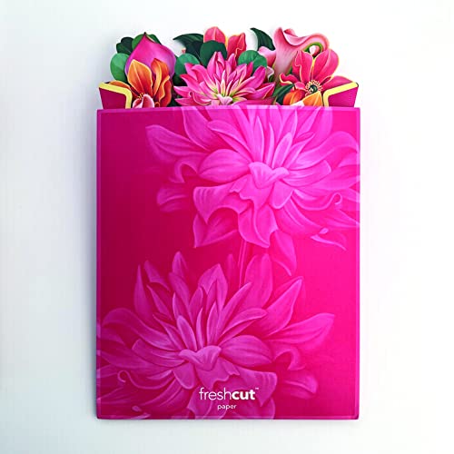 Freshcut Paper Pop Up Cards, Dear Dahlia, 12 inch Life Sized Forever Flower Bouquet 3D Popup Greeting Cards with Note Card and Envelope - Dahlia & Cala Lily Flowers