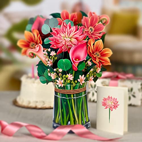 Freshcut Paper Pop Up Cards, Dear Dahlia, 12 inch Life Sized Forever Flower Bouquet 3D Popup Greeting Cards with Note Card and Envelope - Dahlia & Cala Lily Flowers