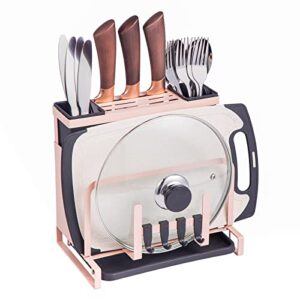 5 in 1 knife holder, toooi multifunctional wall mount knife blocks, cutting board pot lid holder countertop organizer, kitchen storage accessories, tableware flatware caddy utensil holder, pink