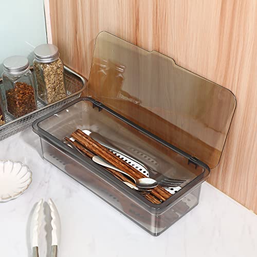 TOPBATHY Cutlery Tray with Lid Kitchen Flatware silverware holder Utensil Organizer Drawer Countertop Storage Container ( Grey)