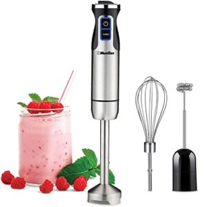 mueller ultra-stick 500 watt 9-speed immersion multi-purpose hand blender heavy duty copper motor brushed 304 stainless steel with whisk, milk frother attachments