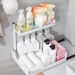 KINGPOUL Under Sink Organizers-2-Tier L-Shape Heavy Duty Metal Smooth Slide Out Pull Out Drawers for Under Cabinet Storage Around Plumbing, Under Kitchen Bathroom Sink Organizers and Storage（White