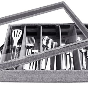 VERONLY Silverware Storage Box - Flatware Case Chest Box, 5 Compartment Tableware Cutlery Container with Removable PVC Lid and Easy to Carry Handles,Large Capacity Utensils(Light Grey)